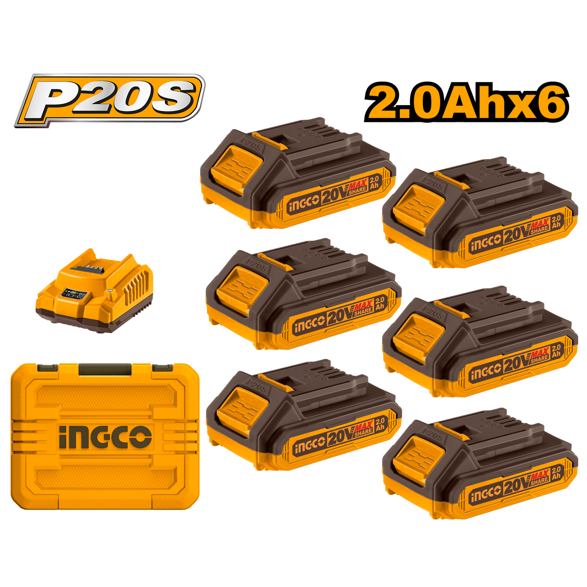 Ingco 20V Battery Pack 2.0Ah Pack Of 6 And Charger – Bethanie Hardware